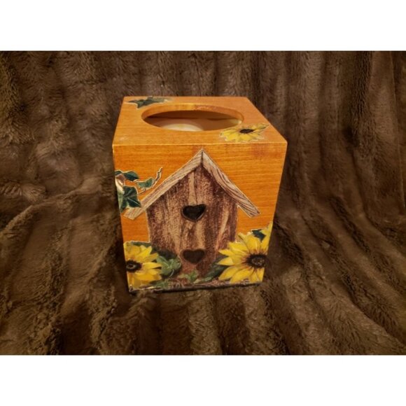 Accents | Vintage Wooden Tissue Box Cover Sunflower Birdhouse Rustic ...